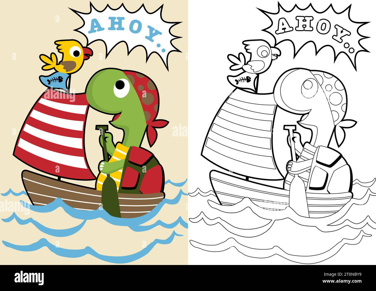 Cute turtle with little bird on sailboat, vector cartoon, coloring page ...