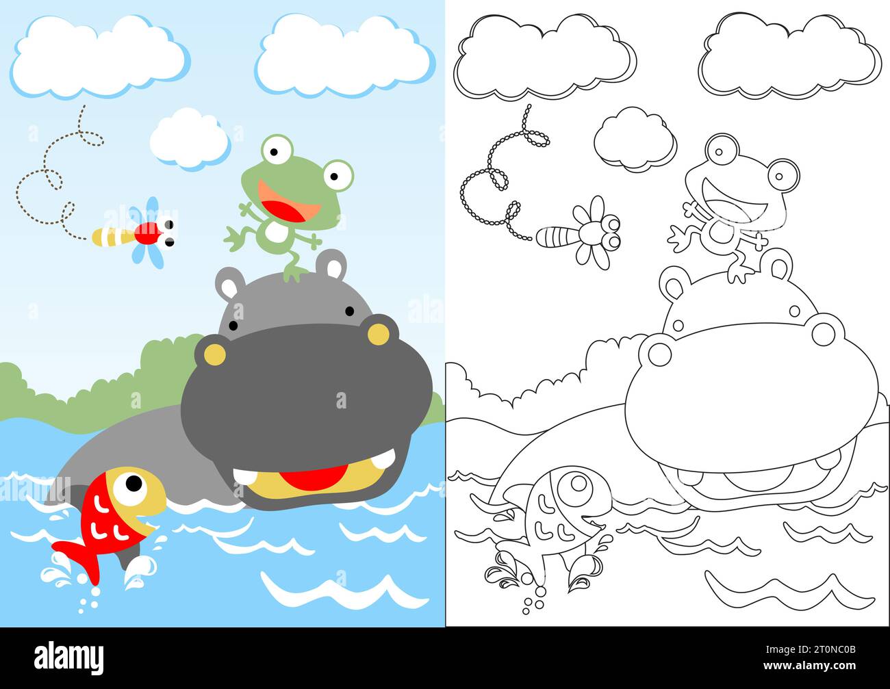 Cute hippo with it friends in river, vector cartoon, coloring page or ...