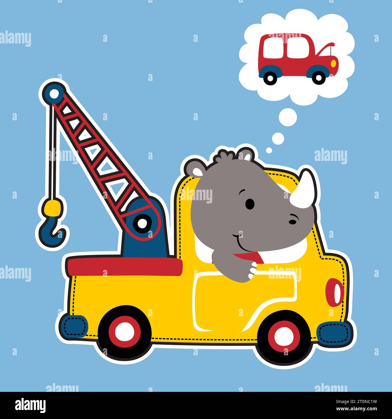 Cute rhino driving tow truck with broken car, vector cartoon ...