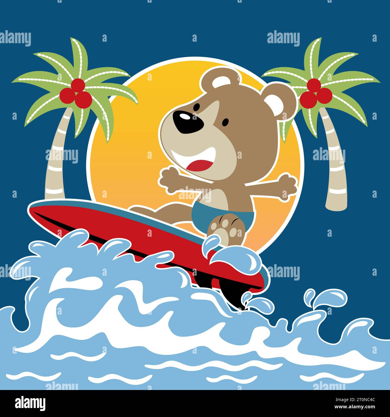 Funny bear surfing on palm tree background, vector cartoon illustration ...