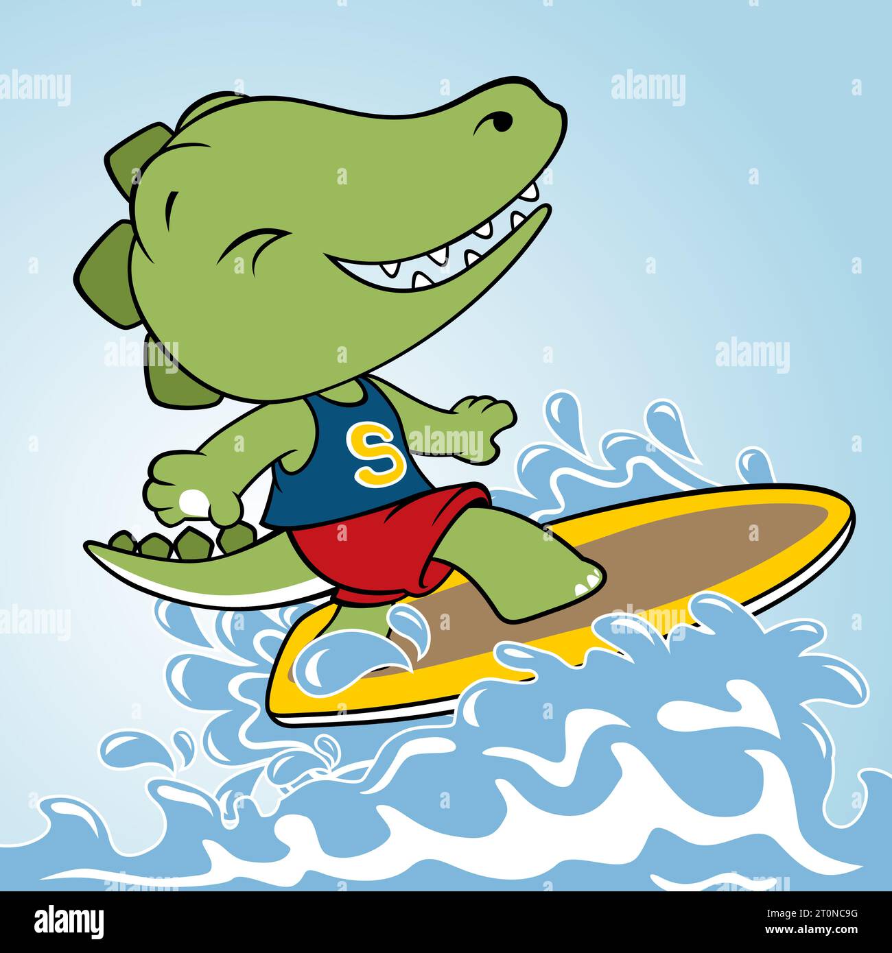 Funny dinosaur surfing, vector cartoon illustration Stock Vector Image ...