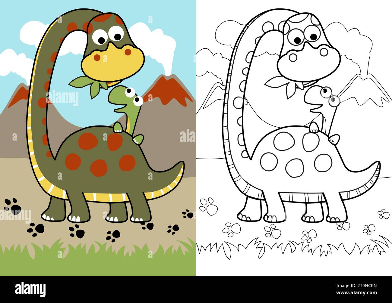 Vector cartoon of dinosaur feeding it son on volcanoes background ...