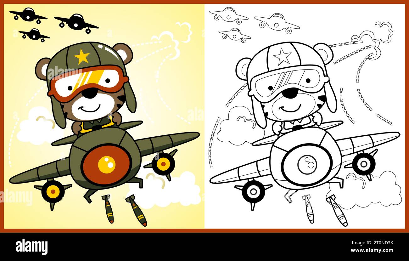 vector cartoon of cute bear soldier on military airplane, coloring page ...