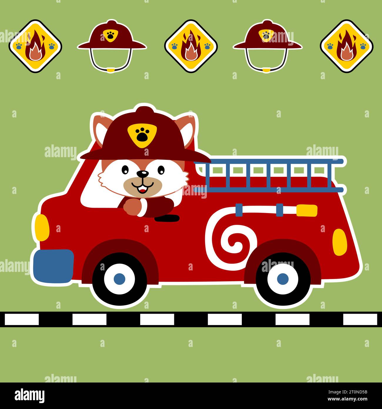 Cute fox driving firetruck with fire engine elements, vector cartoon ...