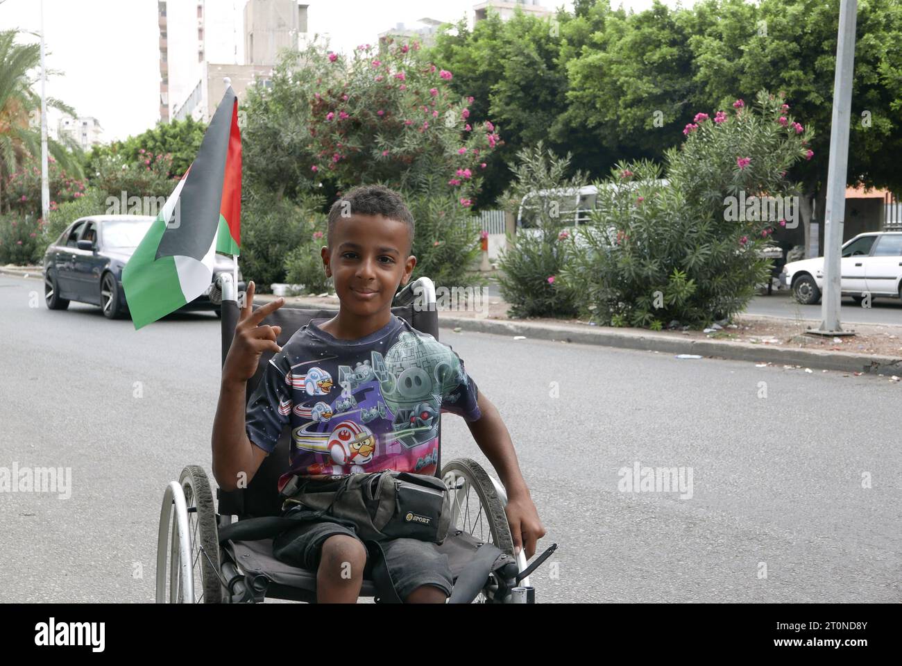 Boy with Palestinian flag in Saida, Lebanon on October 8 2023. All ...