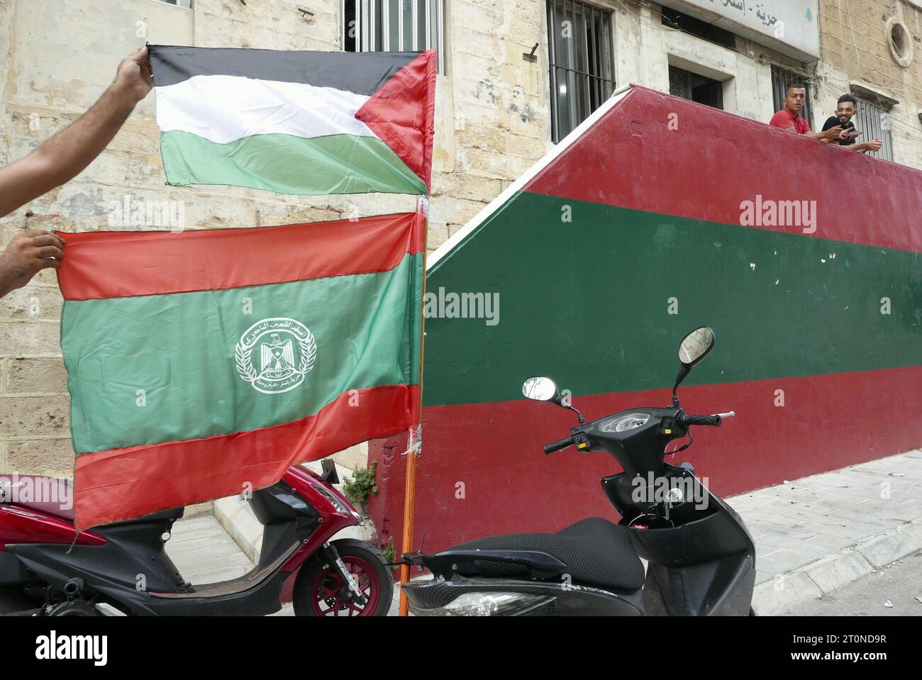 Activist shows Palestinian and Nasserian flags in Saida, Lebanon on ...