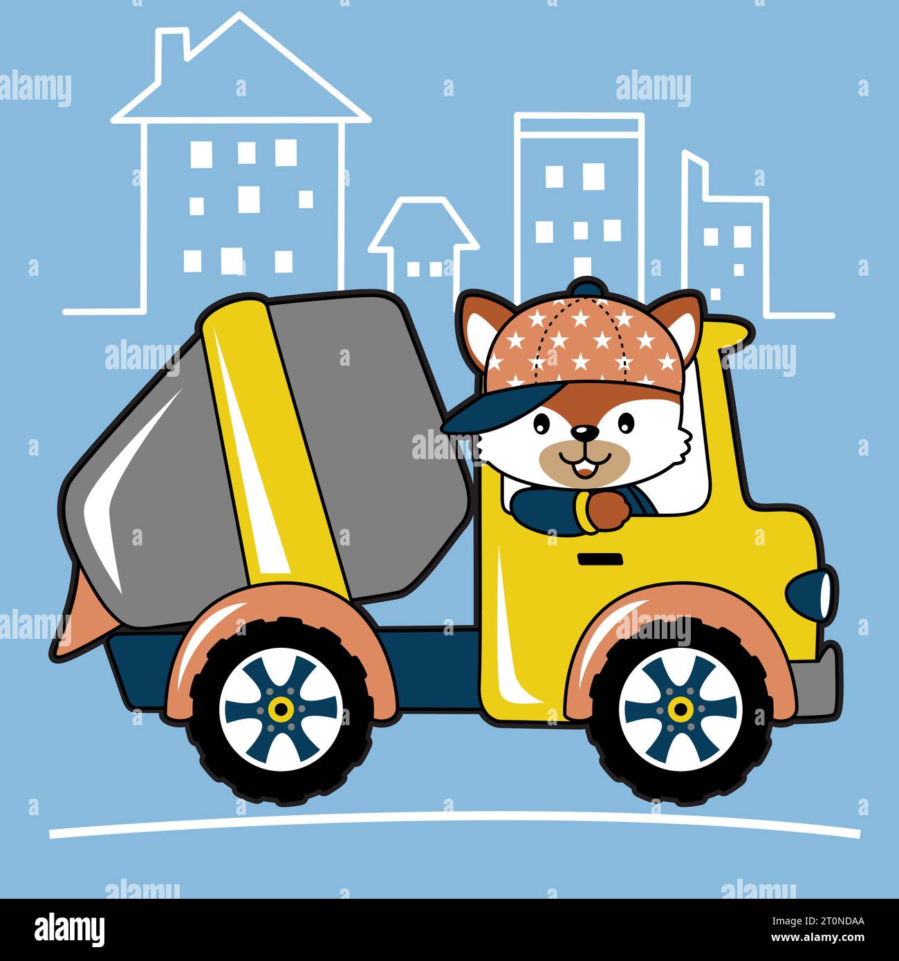 Funny fox driving mixer truck on buildings background, vector cartoon ...