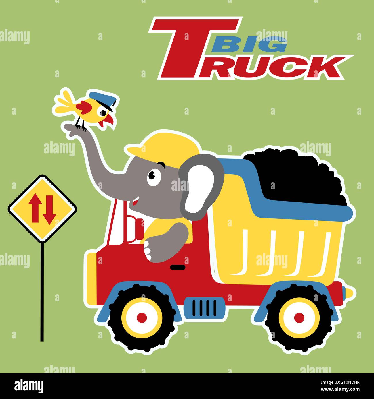 vector cartoon of cute elephant driving dump truck with a bird on it ...