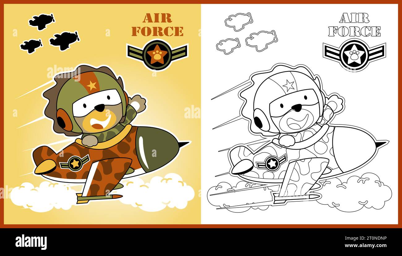 funny lion pilot on jet plane, vector cartoon illustration, coloring ...