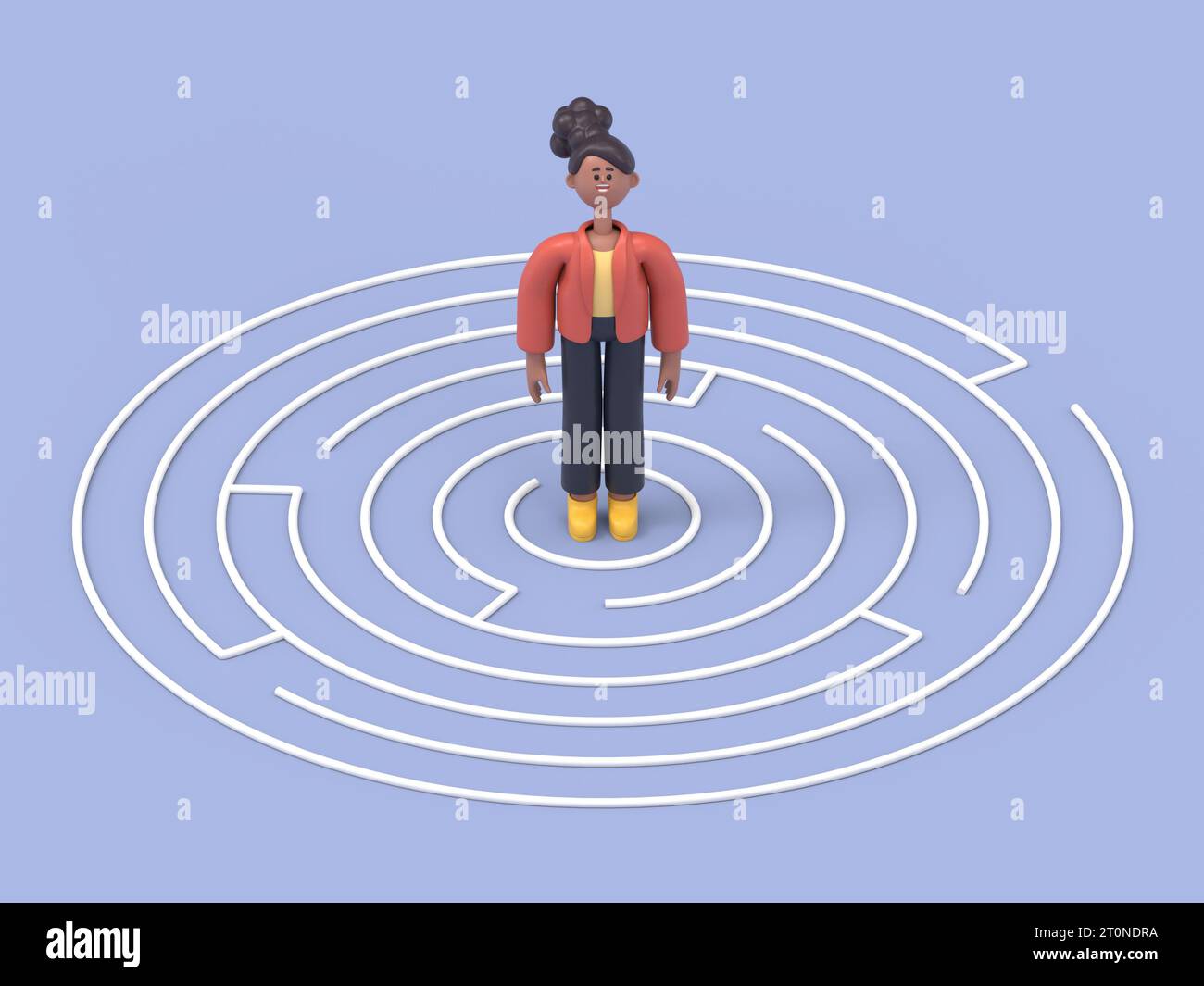 3D illustration of african woman Coco standing in the center of a maze ...
