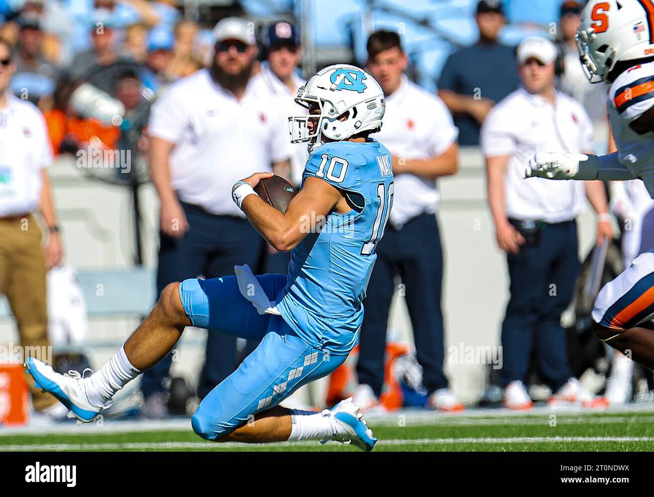 October 7, 2023: North Carolina sophomore Drake Maye (10) slides on ...