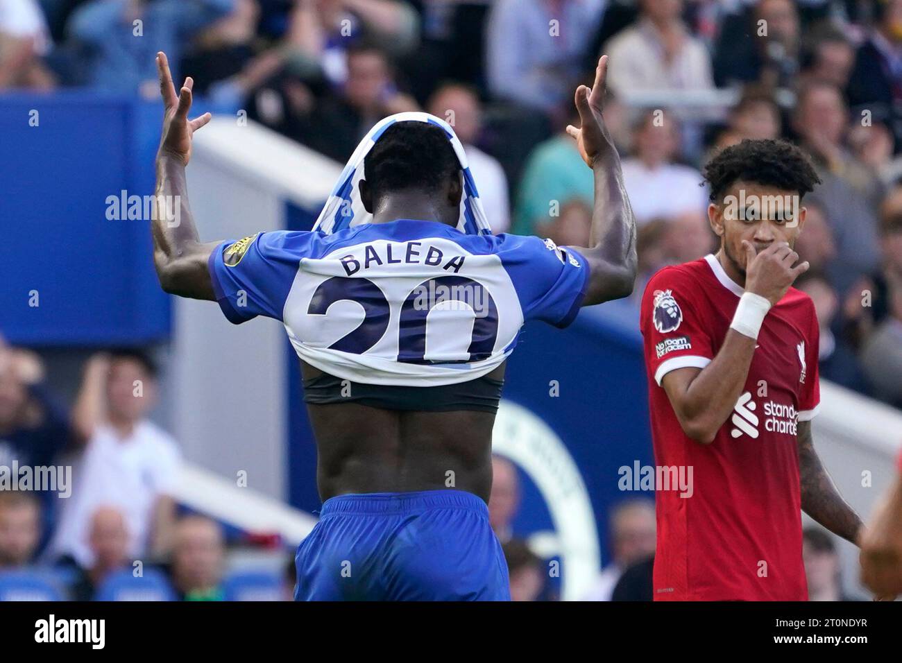 Brighton's Carlos Baleba reacts during the Premier League soccer match ...