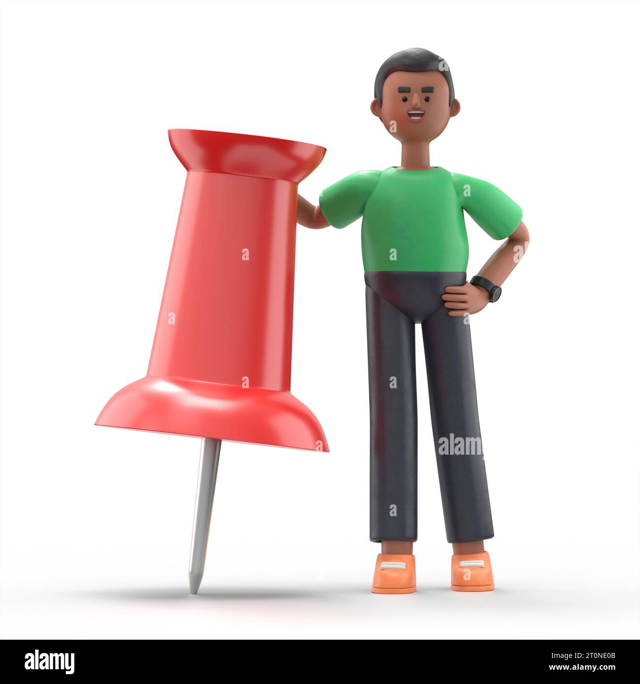 3D illustration of afro man David leaning on a huge red pushpin.3D ...