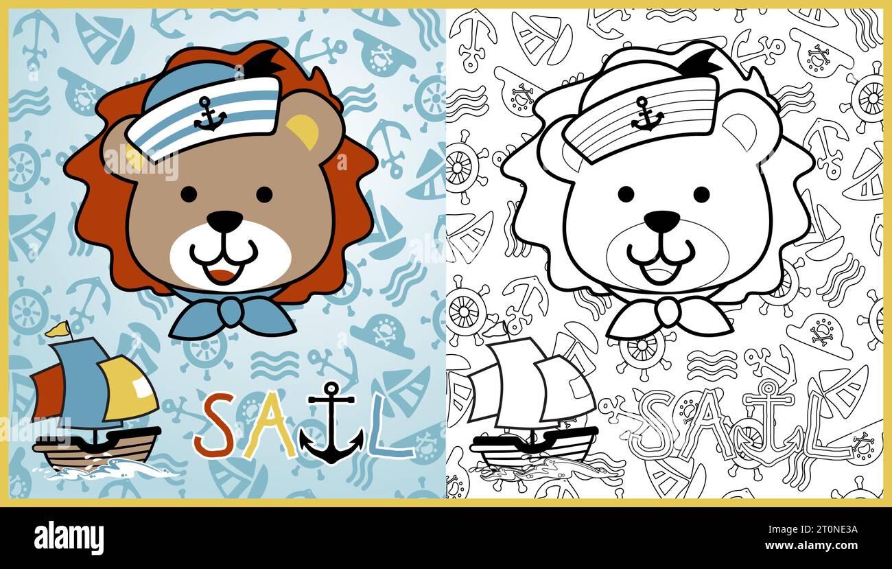 vector cartoon of cute lion the sailor with sail boat on sailing ...