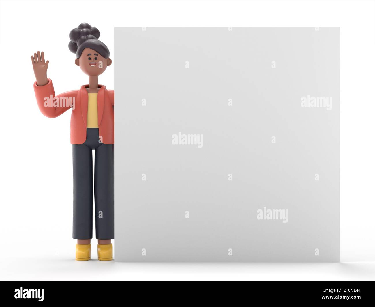 3D illustration of african woman Coco with hand up, stands behind the ...