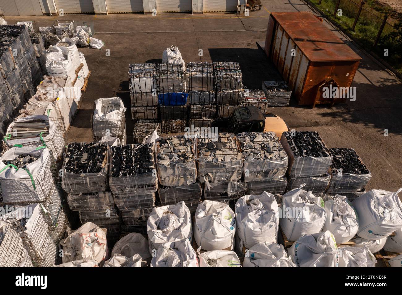 Drone photography of recycling place and storage of recycled material ...