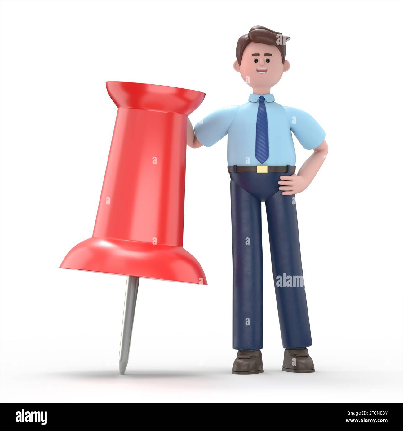 3D illustration of Asian man Felix leaning on a huge red pushpin.3D ...