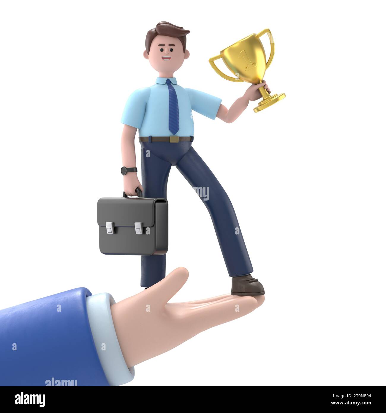 Successful businessman on hand holding trophy and briefcase, celebrates ...