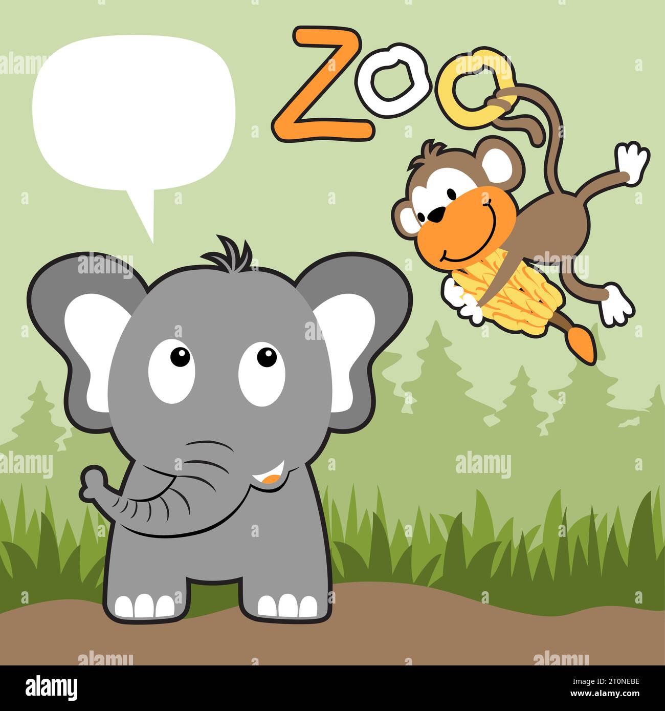 Cute monkey carrying of banana for elephant, vector cartoon ...