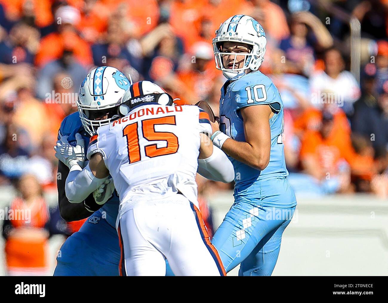 October 7,2023: North Carolina sophomore Drake Maye (10) looks down ...