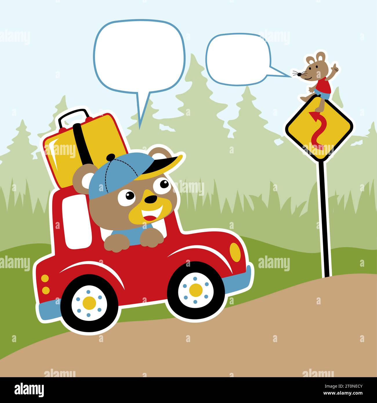 Funny bear on red car with mice on road sign, vector cartoon ...