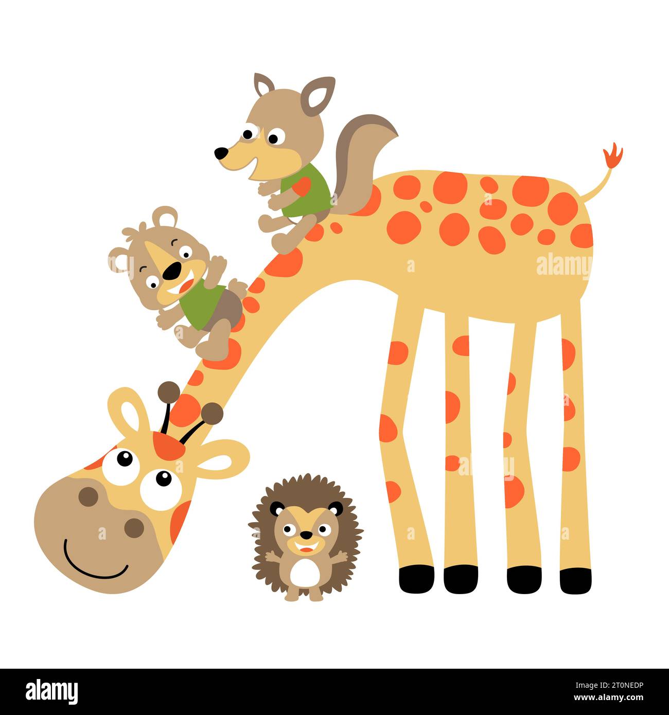little animals playing slide down on giraffe's neck, vector cartoon ...