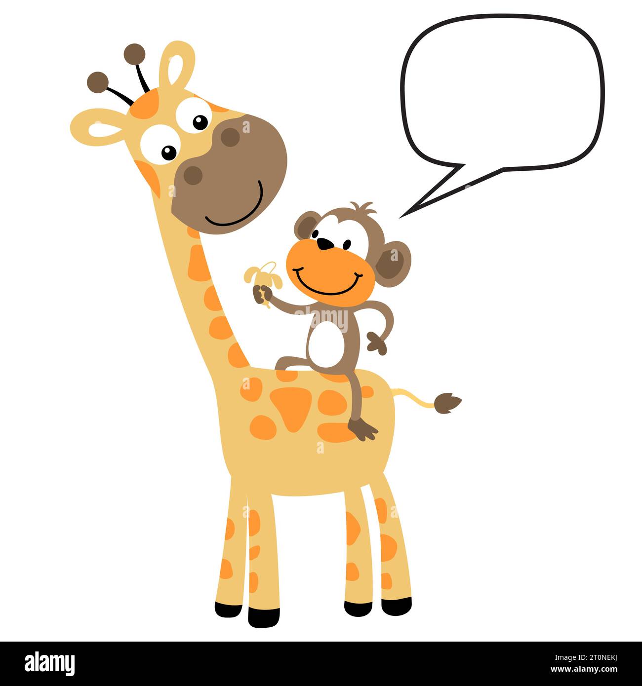 Funny monkey riding giraffe while holding banana on white background ...