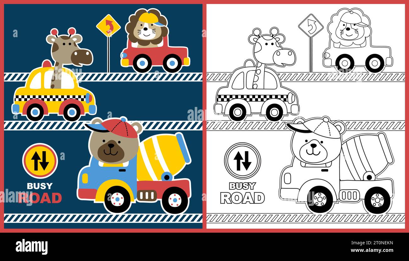 Funny animals driving car in the road, vector cartoon illustration ...