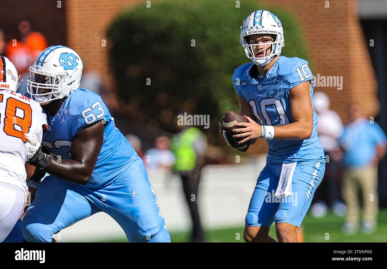 October 7,2023: North Carolina sophomore Drake Maye (10) looks down ...