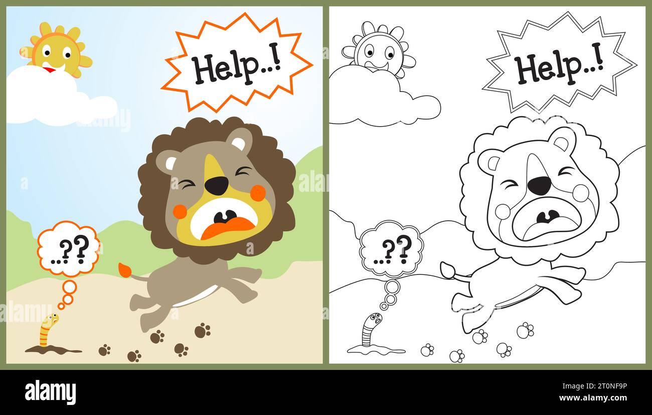 vector cartoon of funny lions are afraid of worms, humor cartoon ...