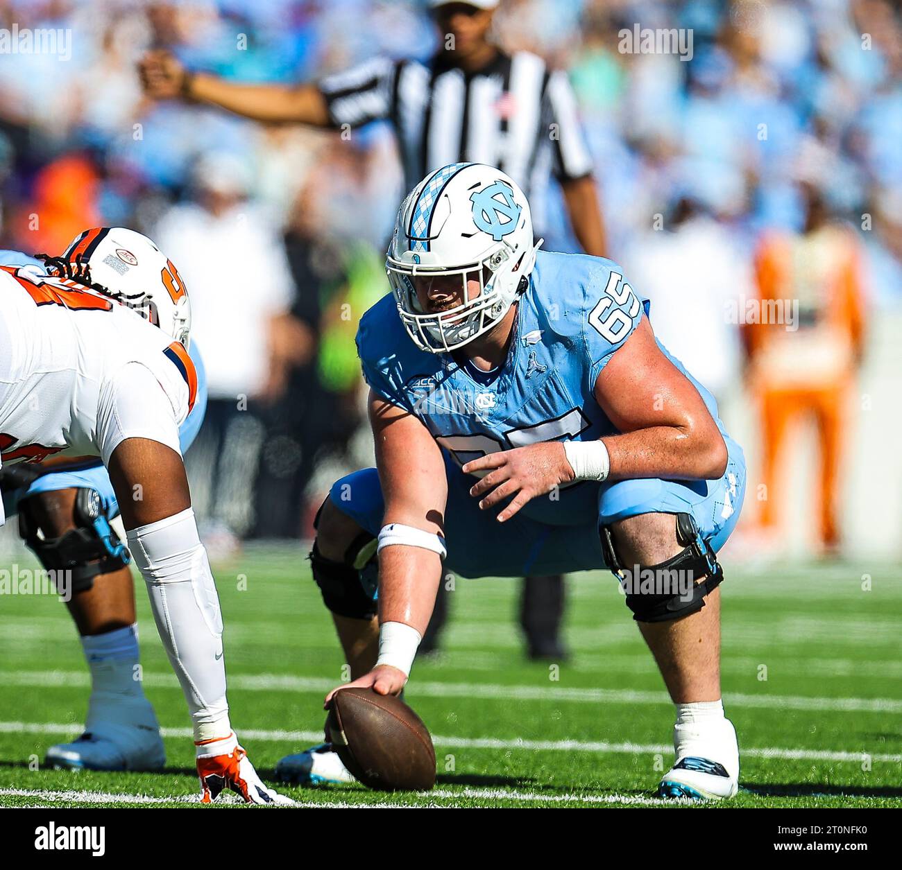 October 7,2023: North Carolina senior Corey Gaynor (65) prepares to ...