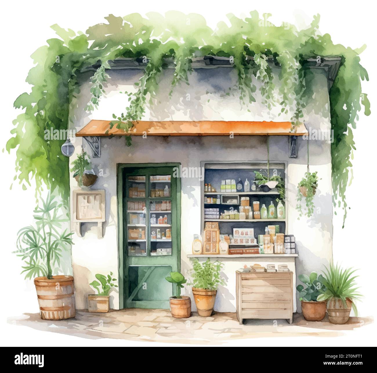 Organic green shop watercolor in cartoon style on white background ...