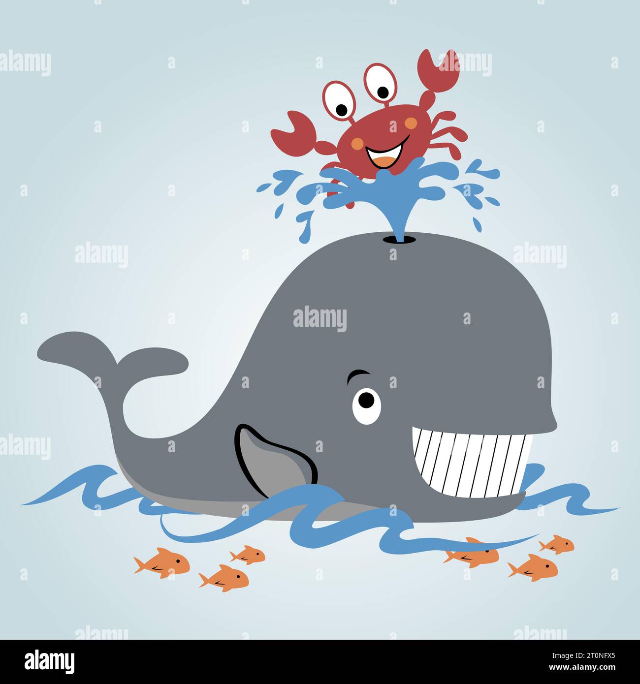 Funny whale and crab with fish in the sea, vector cartoon illustration ...