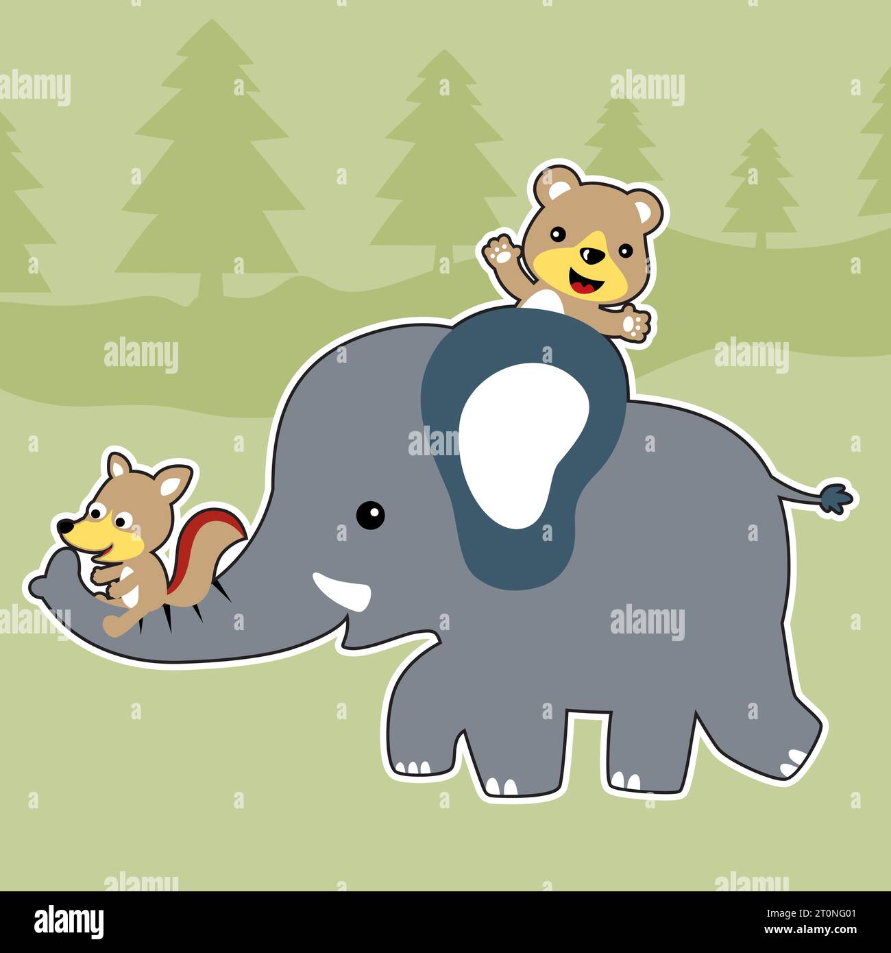 Little bear with fox playing ride on elephant, vector cartoon ...