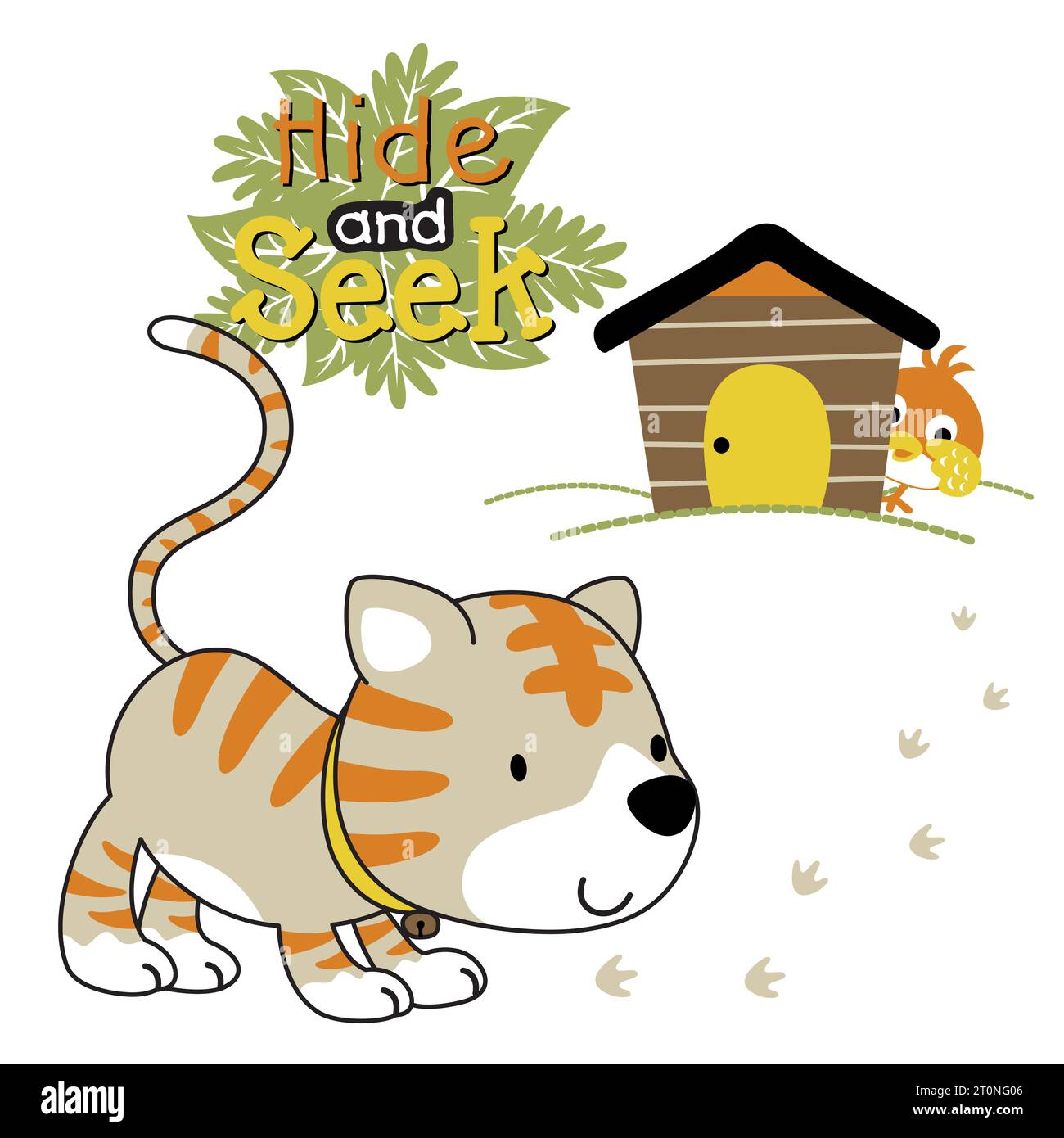 Funny cat and bird playing hide and seek, vector cartoon illustration ...