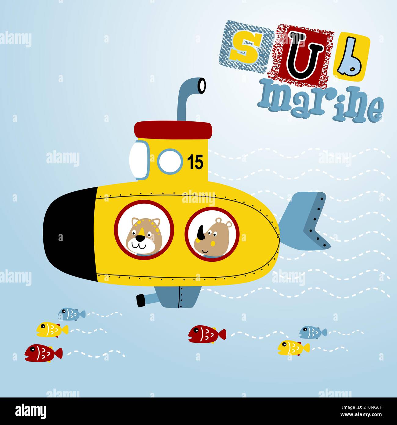 cute rhino and leopard in submarine undersea with fish, vector cartoon ...