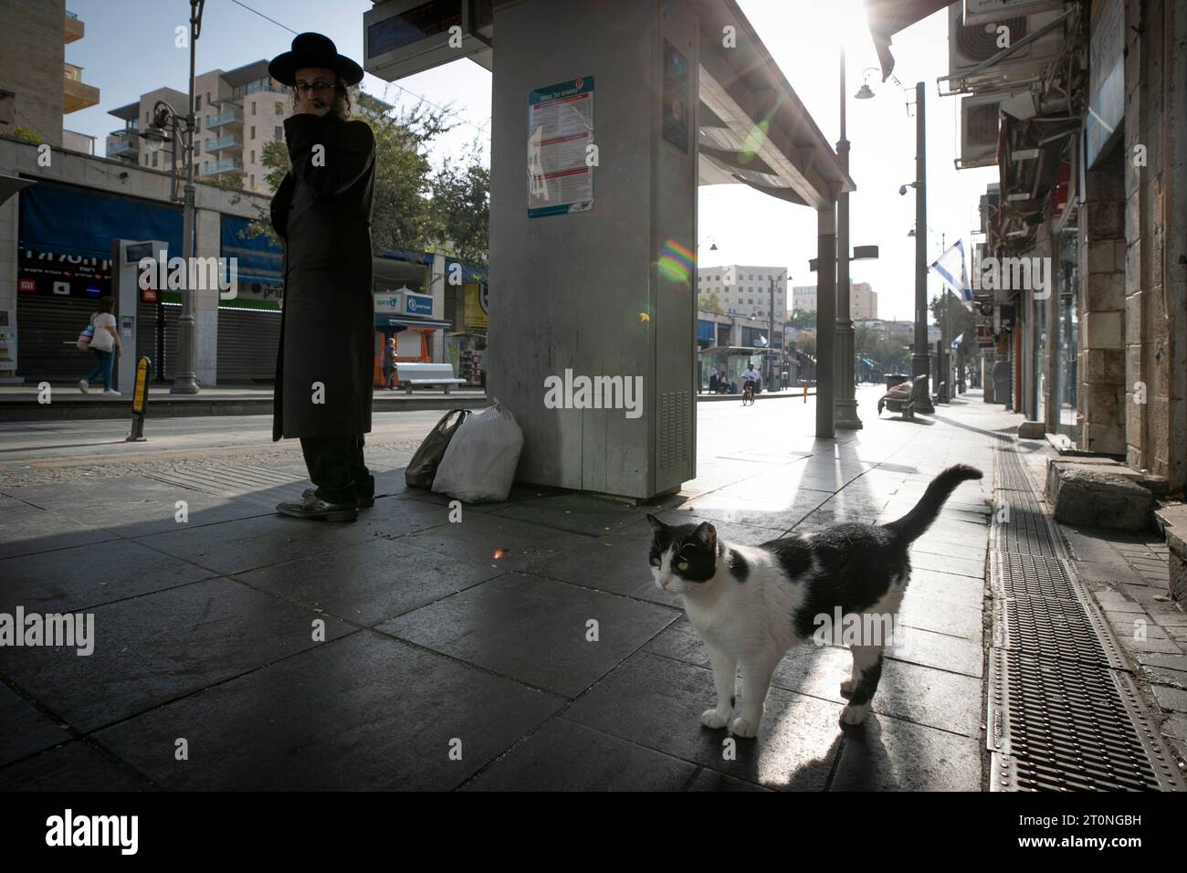 Jerusalem. 8th Oct, 2023. A man and a cat are seen on a street in ...