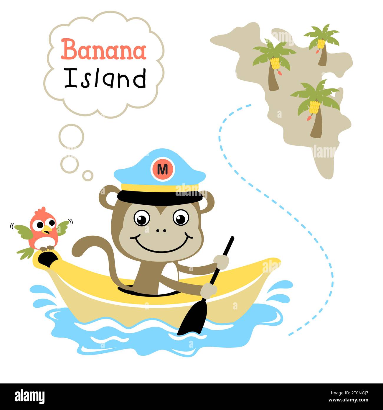 Funny monkey with little bird on banana boat go to banana island ...