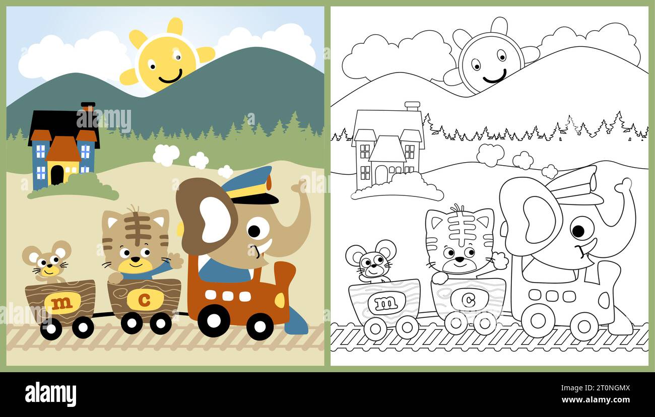 vector cartoon of cute animals on steam train on landscape background ...
