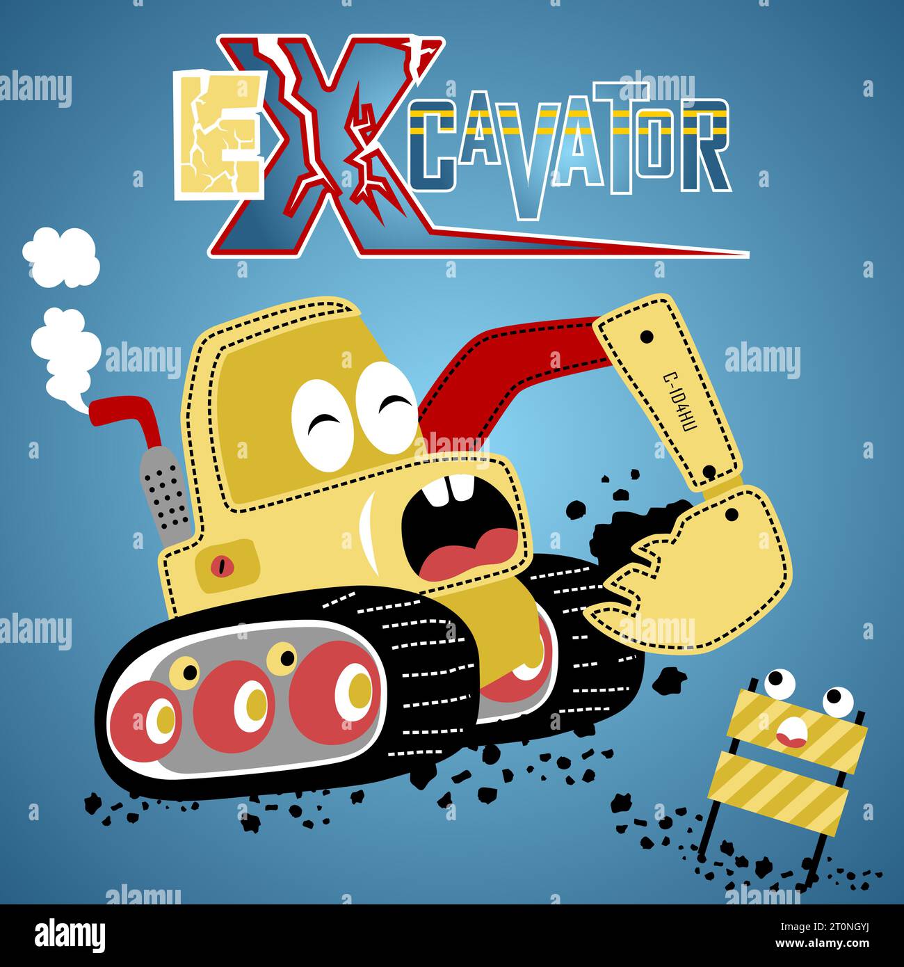 Funny construction vehicle with construction barrier, vector cartoon ...