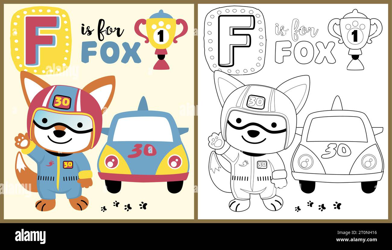 vector cartoon of cute fox in racer costume with racing car and trophy ...