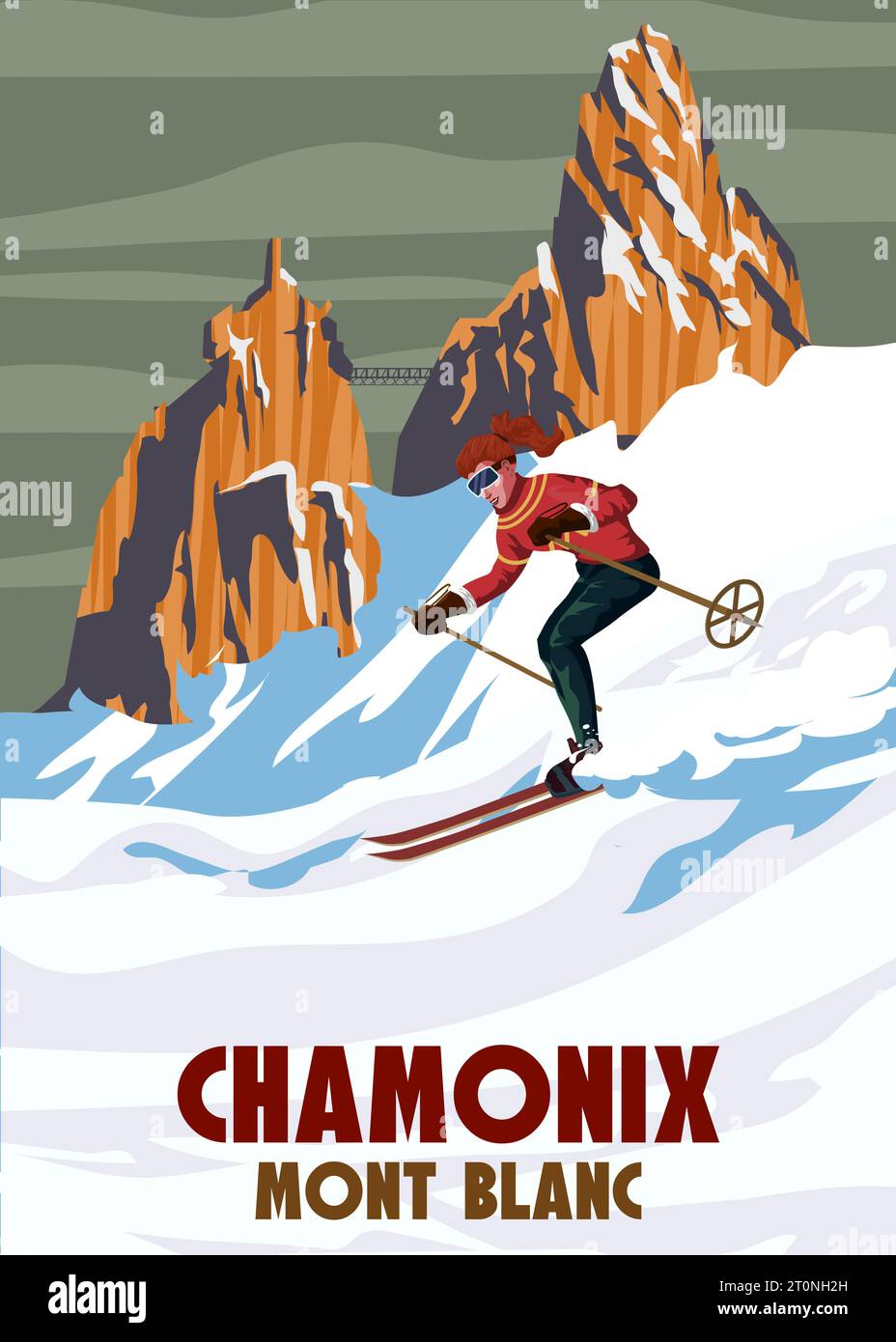 Travel poster Ski Chamonix resort vintage. France winter landscape ...