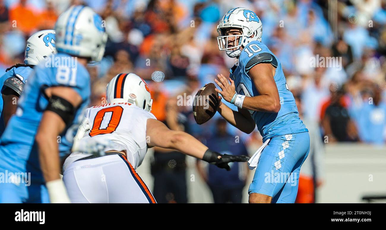 October 7,2023: North Carolina sophomore Drake Maye (10) gets pressure ...
