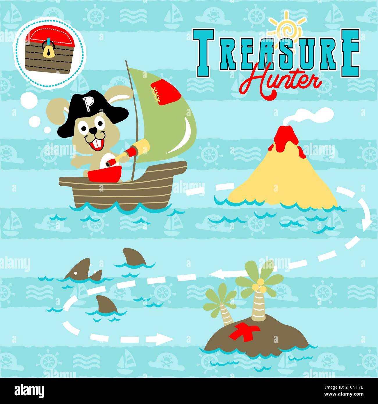 funny rabbit on sailboat with pirate sailing elements, vector cartoon ...