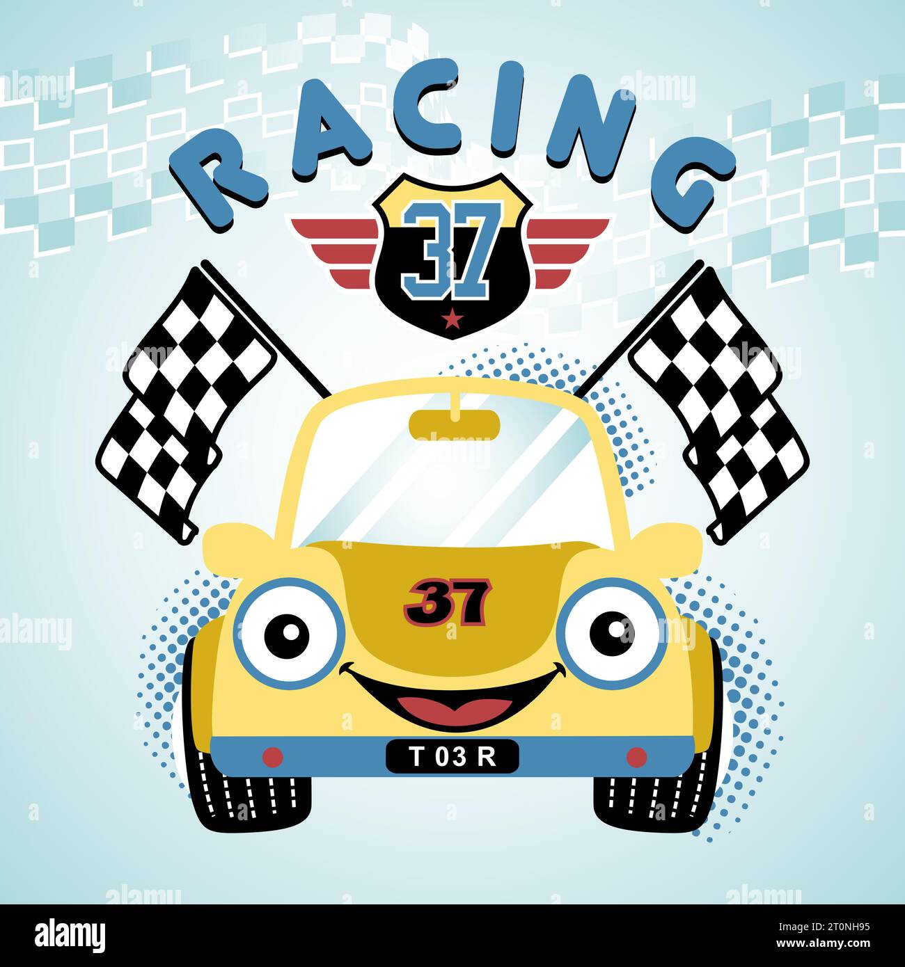 smiling racing car with racing elements, vector cartoon illustration ...