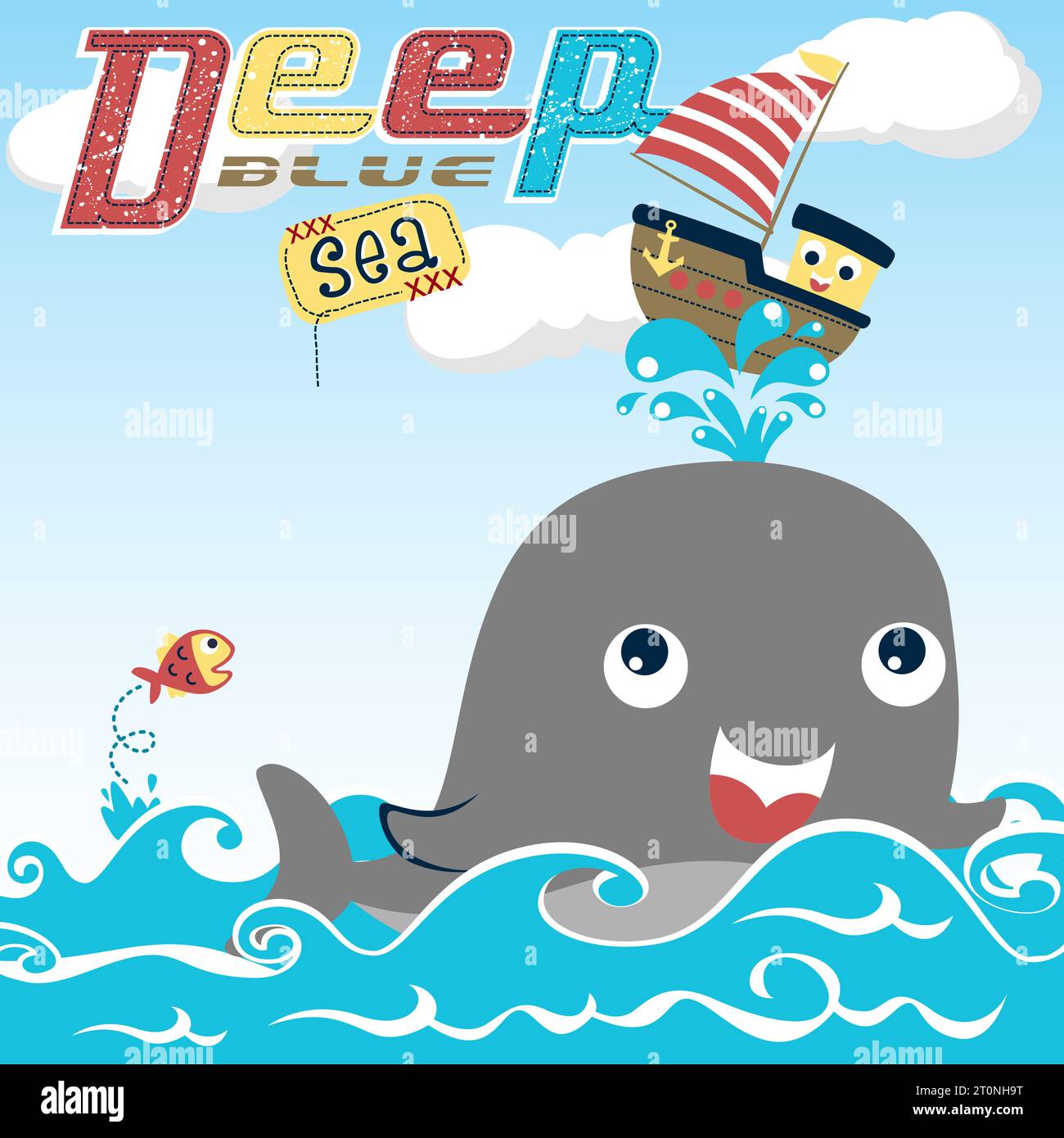 Cute whale and little fish playing with funny sailboat, vector cartoon ...