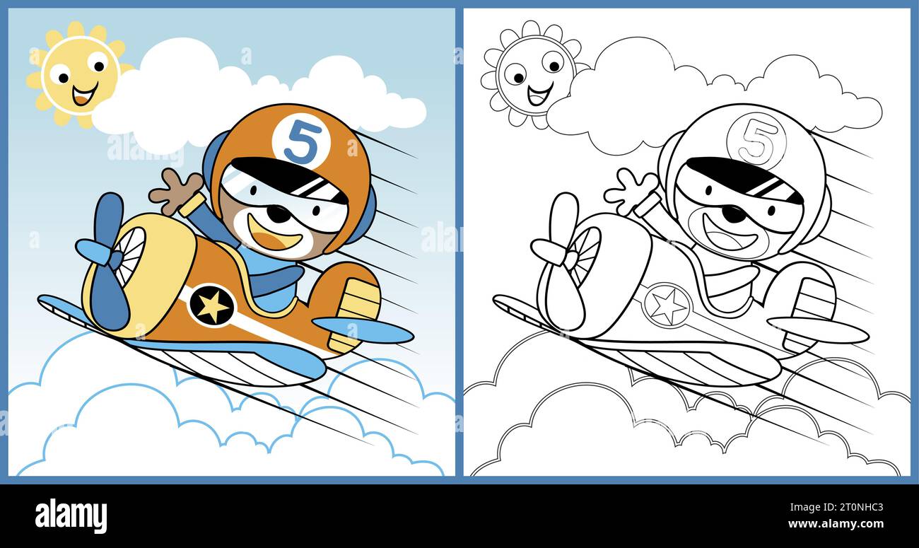 vector cartoon of cute bear pilot on airplane with smiling sun behind ...