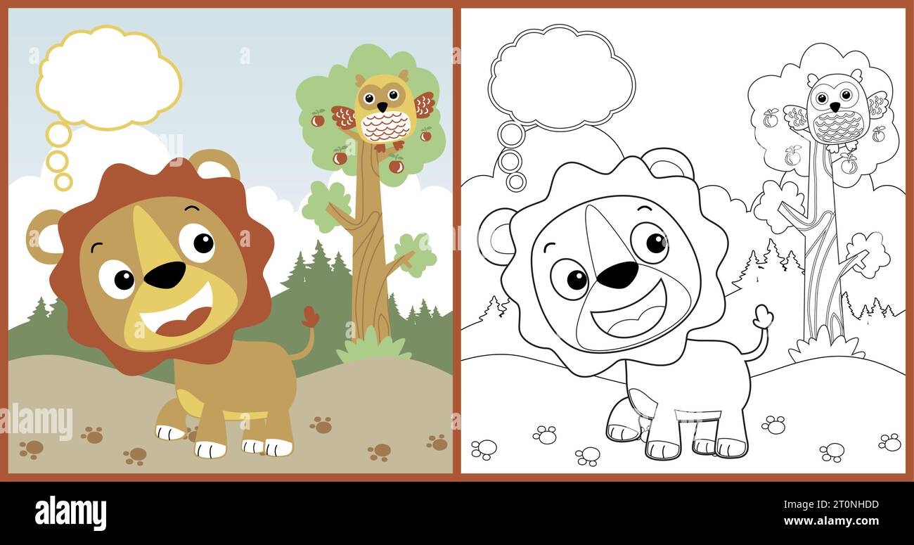 vector cartoon of cute lion with owl perching on tree in forest ...