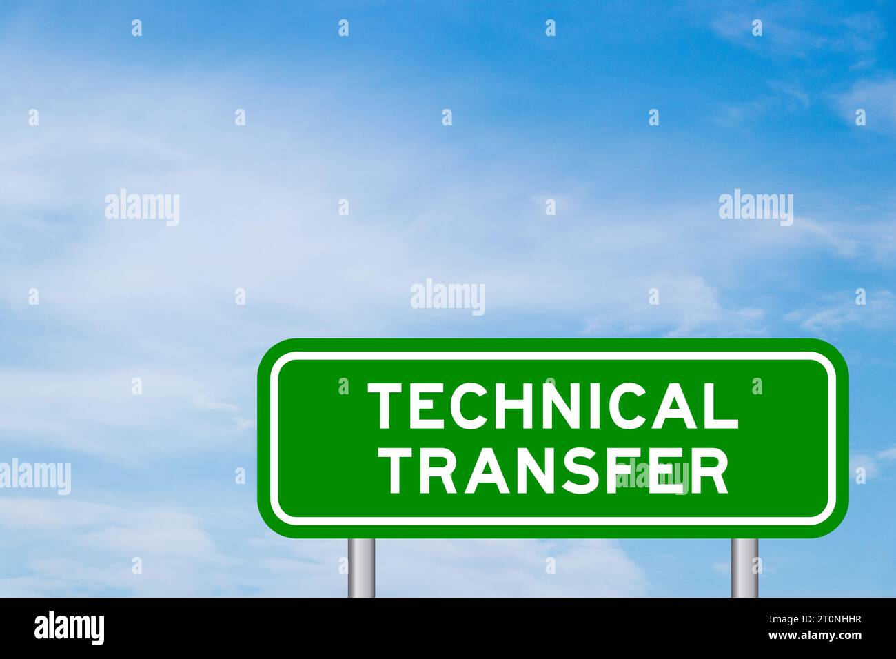 Green color transportation sign with word technical transfer on blue ...