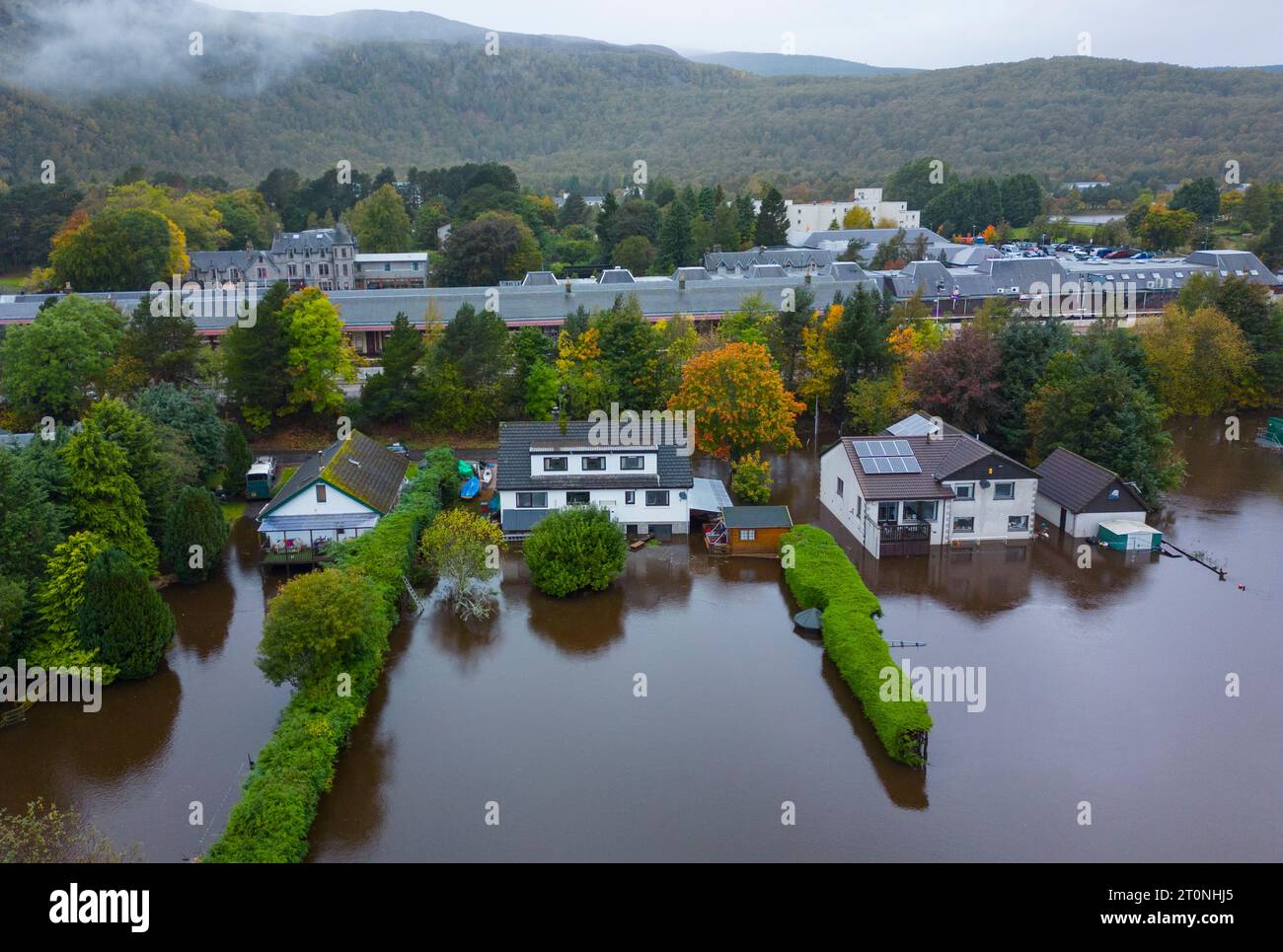 Aviemore, Scotland, UK. 8th October 2023. Views of the River Spey which today broke its banks ...